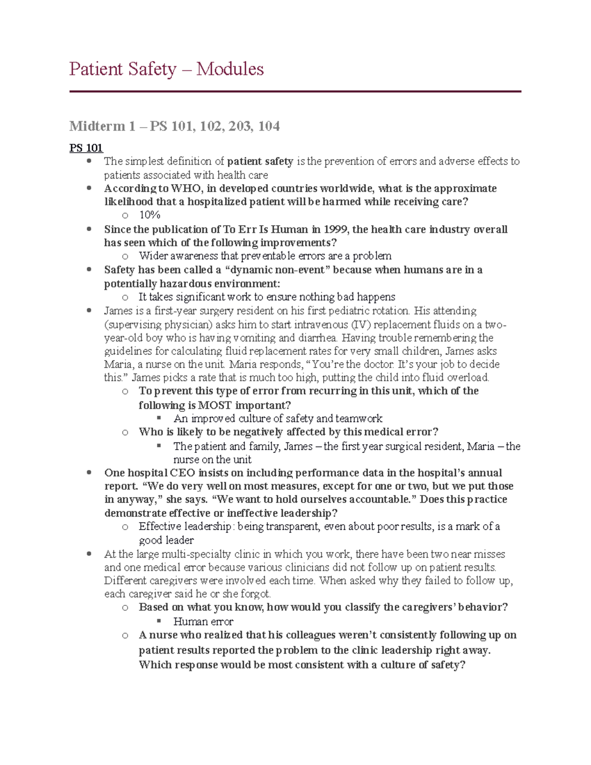 Patient Safety - Notes - Patient Safety – Modules Midterm 1 – PS 101 ...
