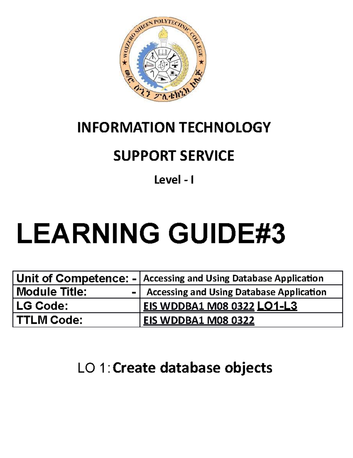 Lo1 Creating Database Objects Information Technology Support