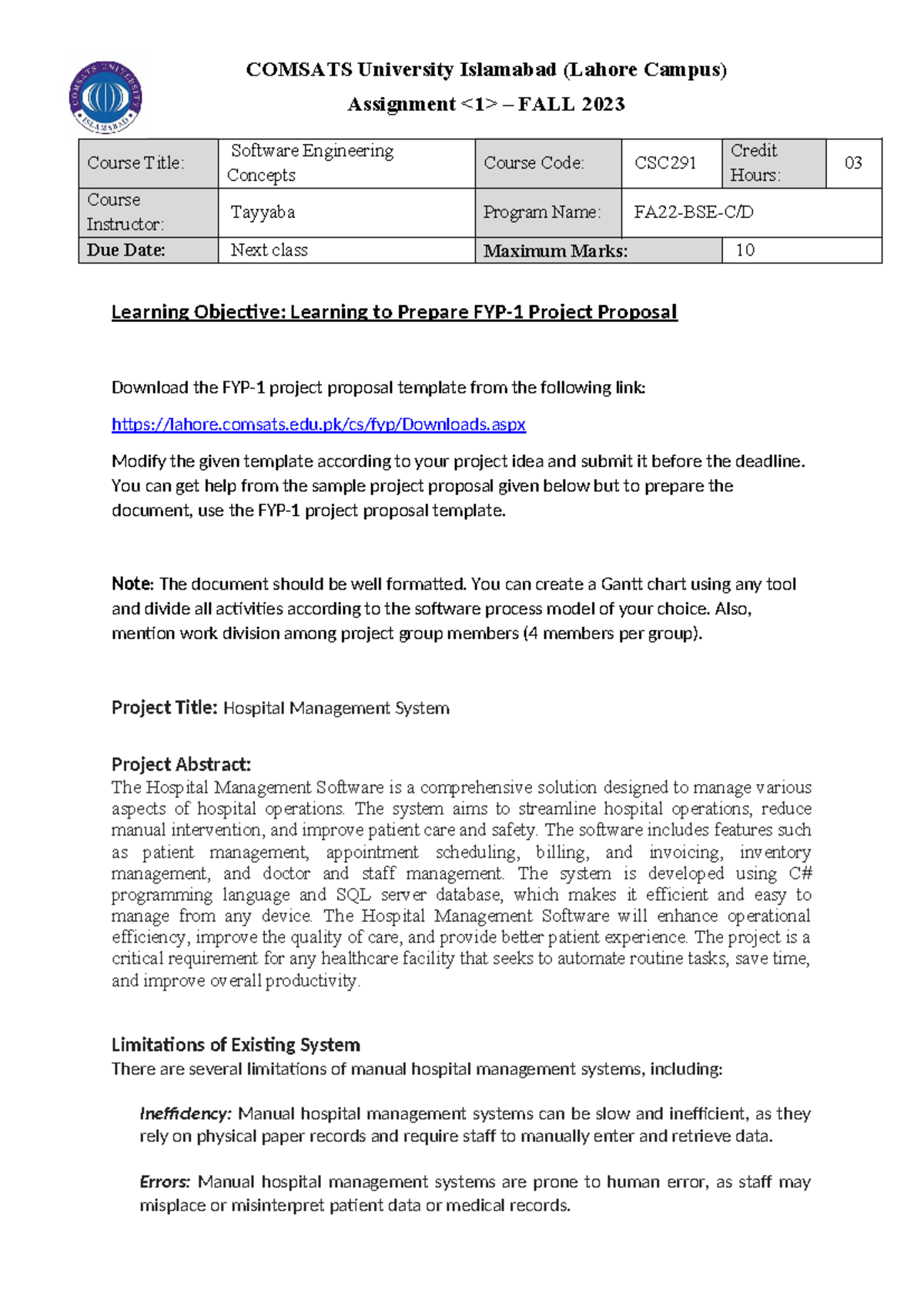 1) Assignment 1 - (FYP-I Project Proposal) - COMSATS University Islamabad (Lahore Campus ...