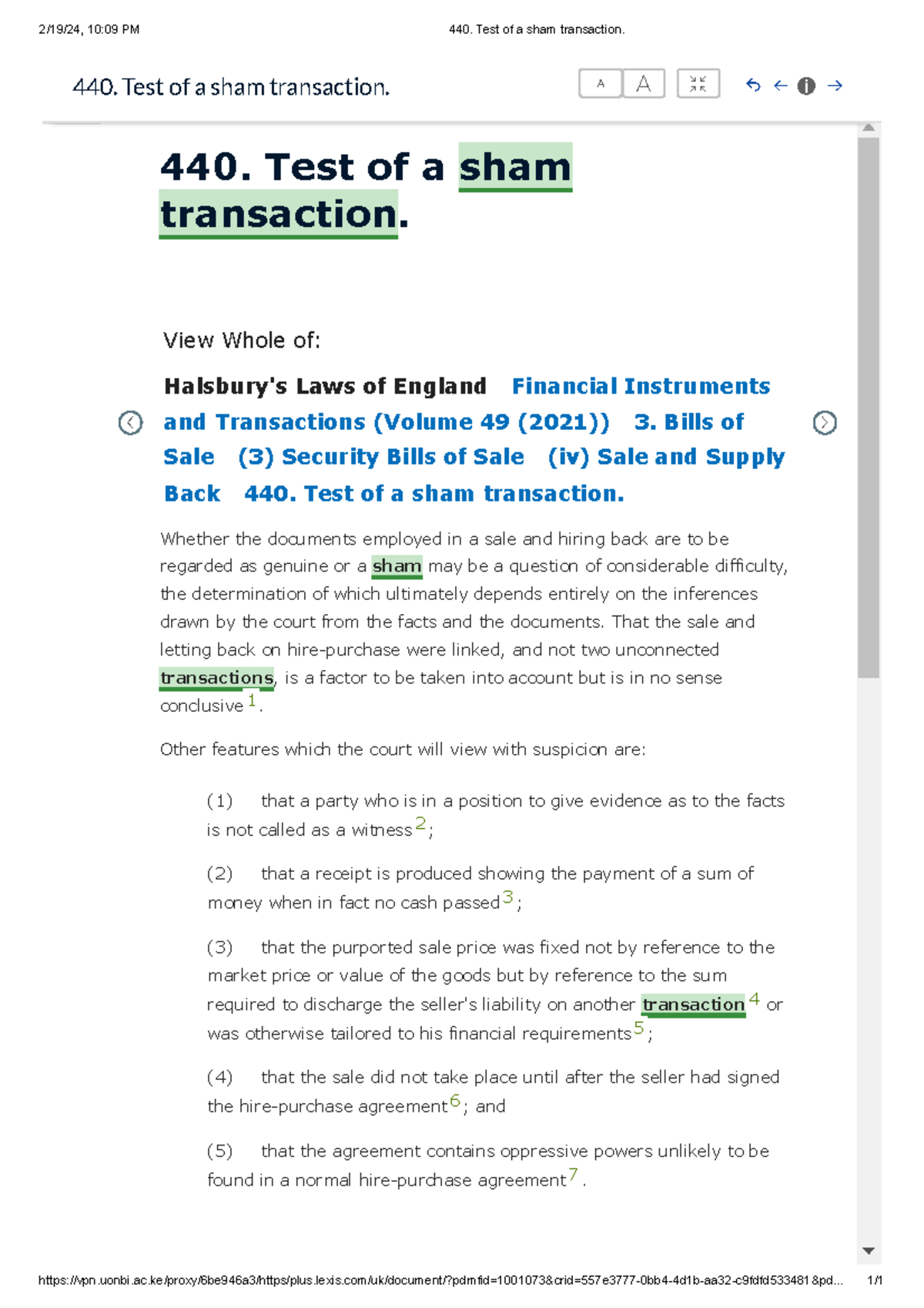 Test of a sham transaction - 2/19/24, 10:09 PM 440. Test of a sham ...