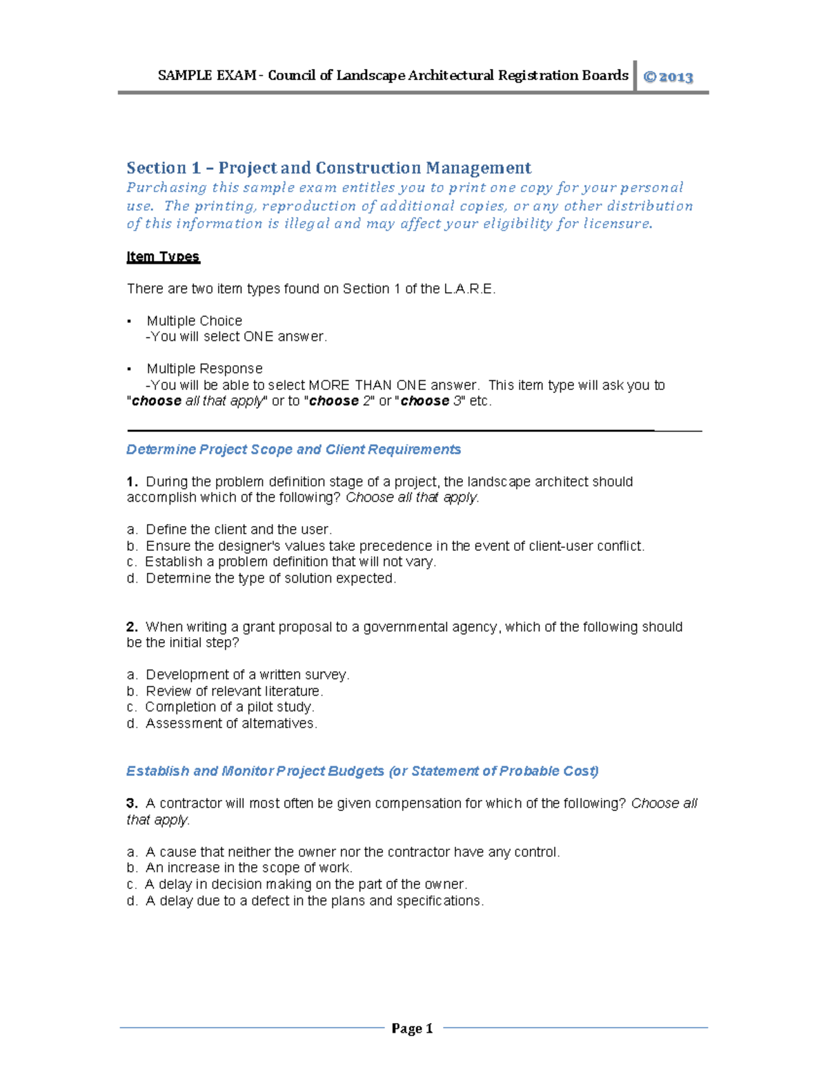 Clarbsampleexam 1 - CLARB Sample Test - Page 1 Section 1 - Studocu
