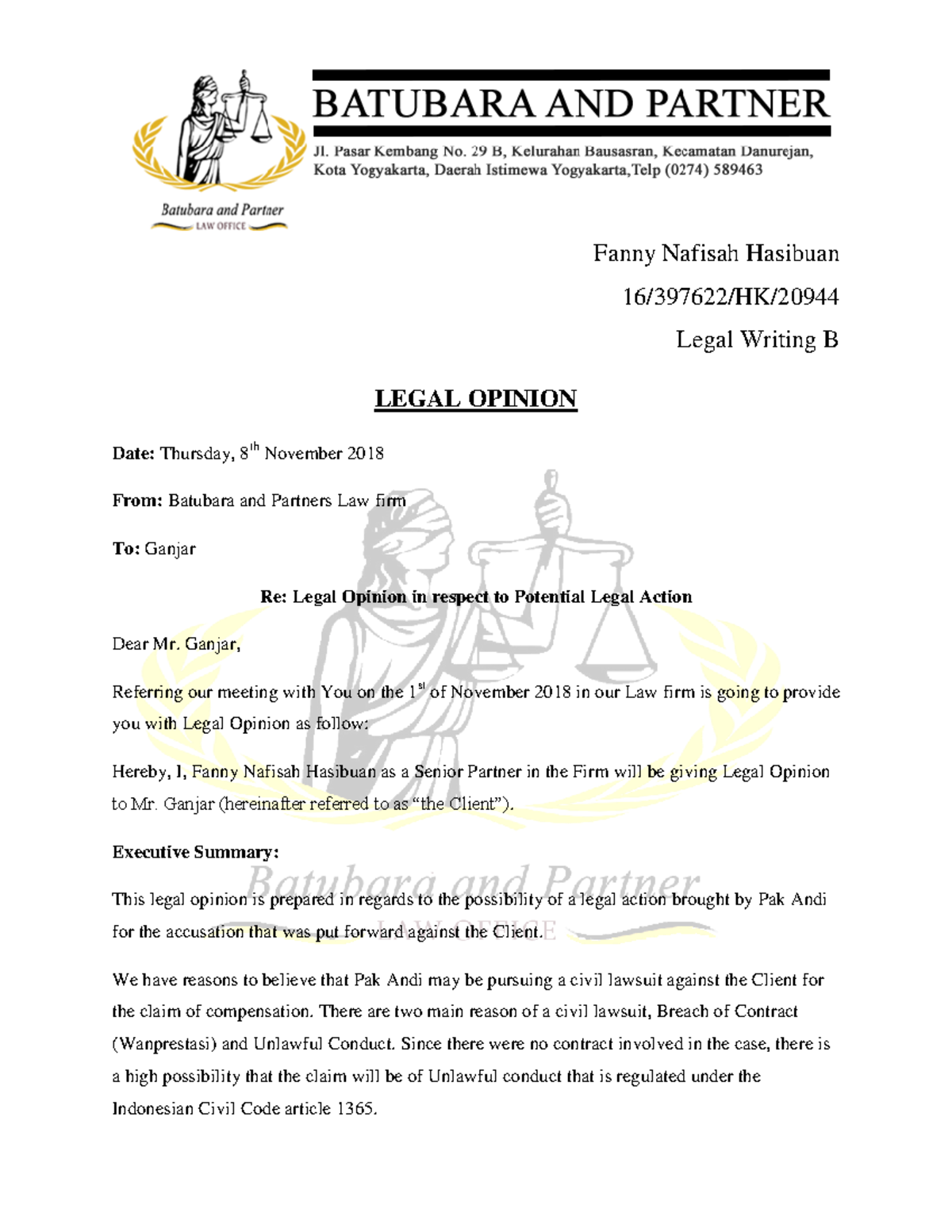 Legal Opinion Assignment Final - Warning: TT: undefined function: 32 ...