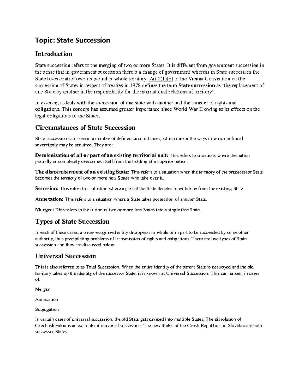 State Succession - Topic: State Succession Introduction State ...