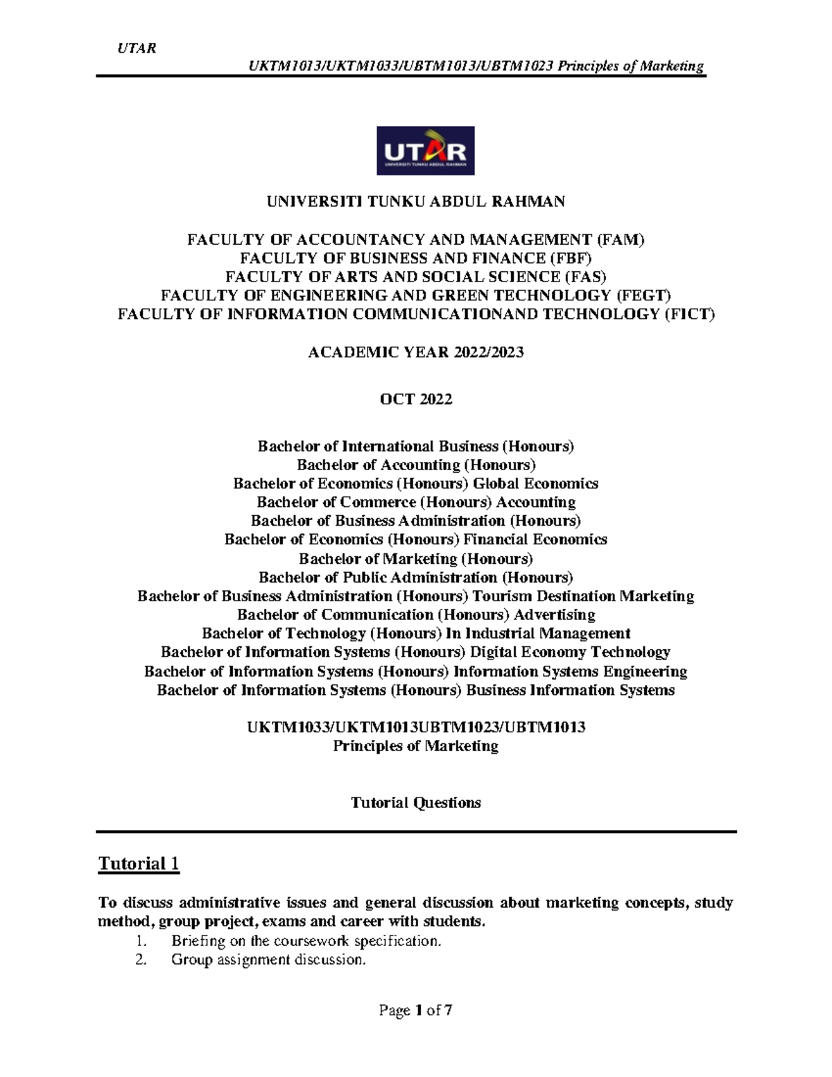 Tutorial Question - UKTM1013/UKTM1033/UBTM1013/UBTM1023 Principles of ...