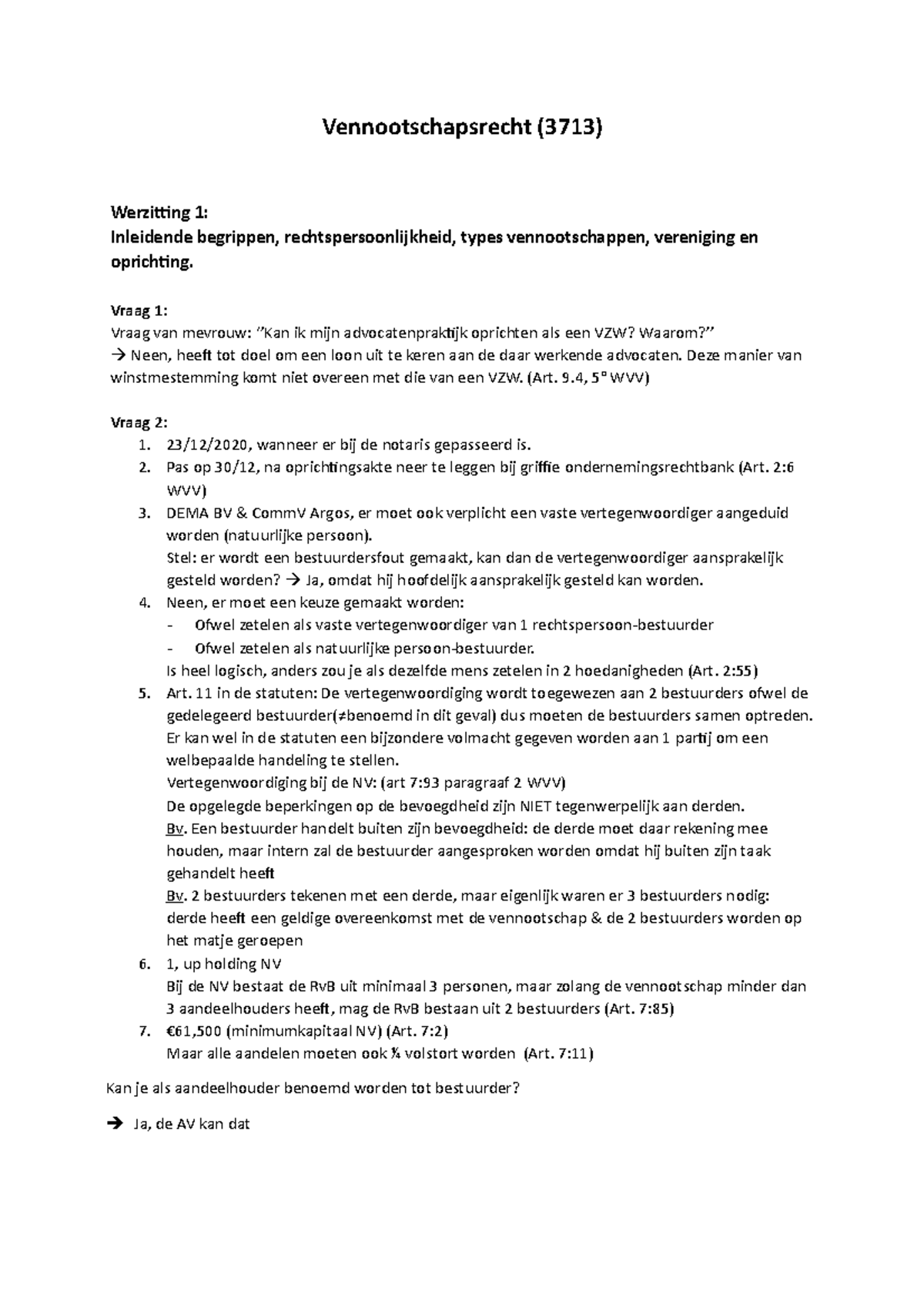 Werkzitting 1 - Inleidende begrippen, rechtspersoonlijkheid, types ...