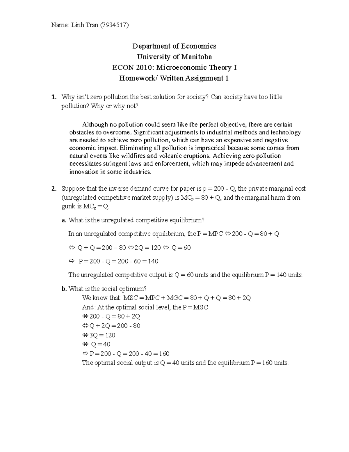 Homework Written Assignment 2 Name Linh Tran 7934517 Department Of