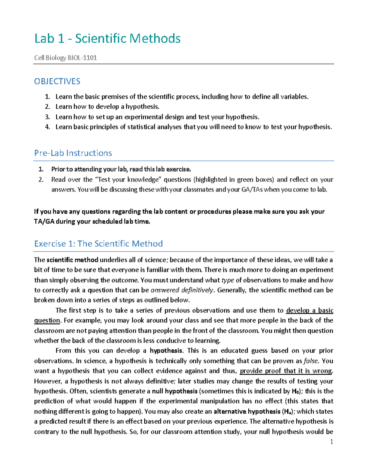 Lab 1 - Scientific Method-2022 - Lab 1 - Scientific Methods Cell Biology BIOL- OBJECTIVES Learn ...