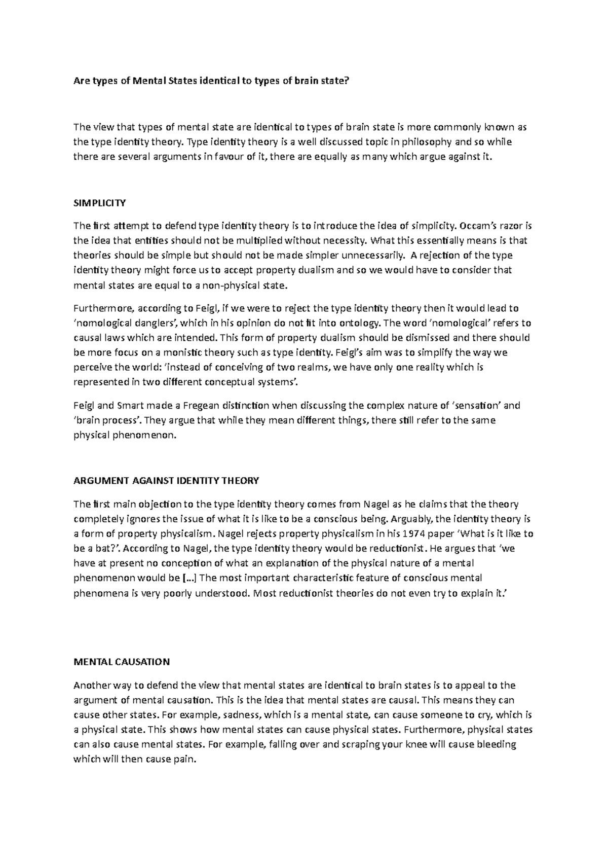 Are types of Mental States identical to types of brain state? - Type ...