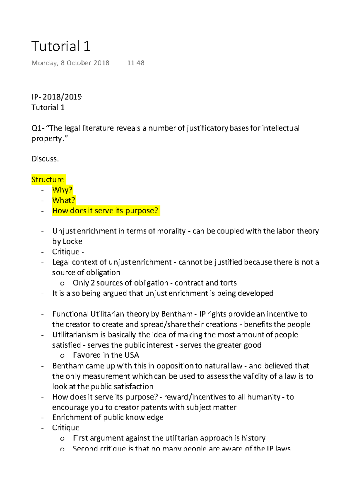 IP - Tutorial 1 - History and philosophy - IP-2018/ Tutorial Q1-“The ...