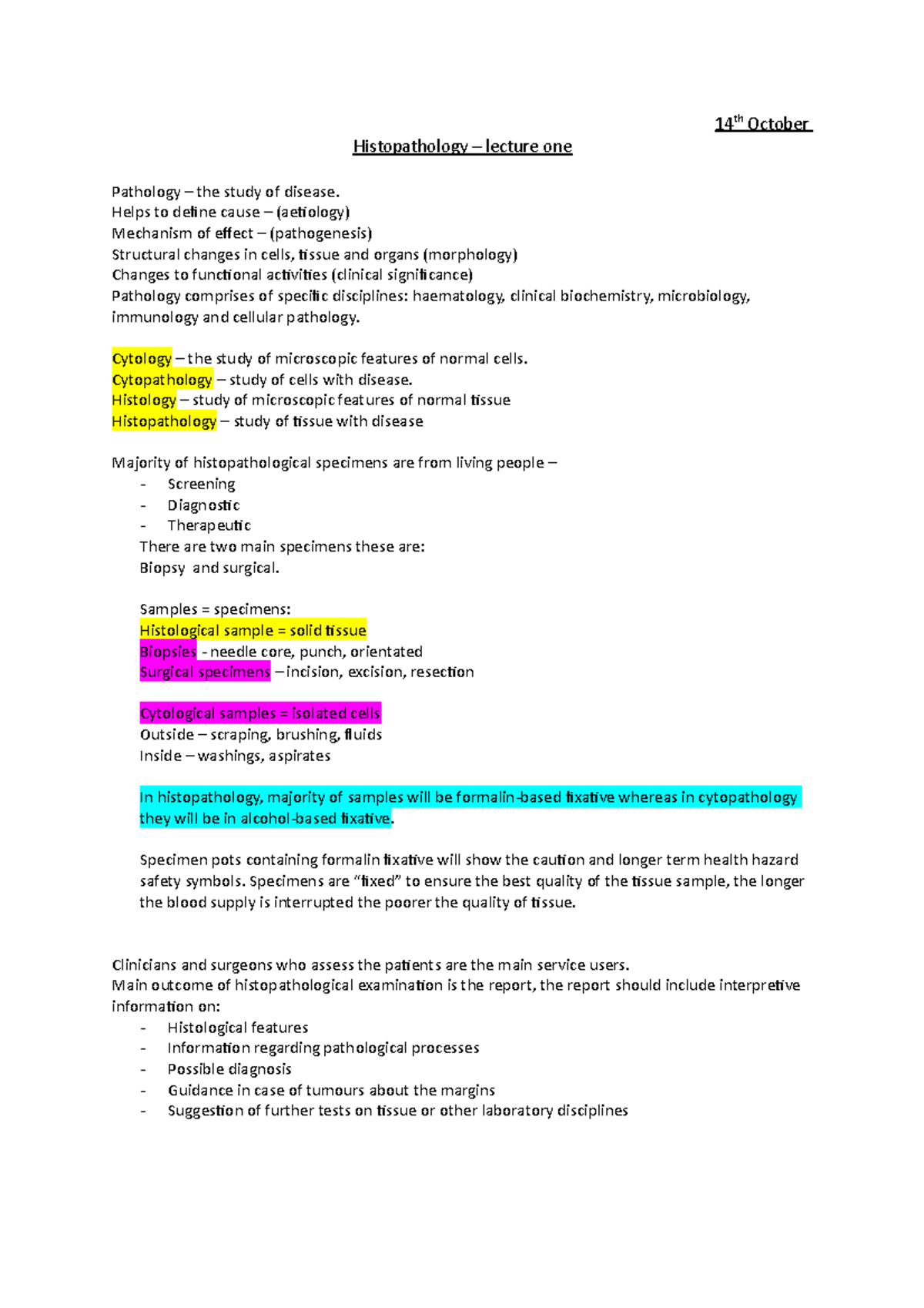 Histology - 14th October - 14 th October Histopathology – lecture one ...