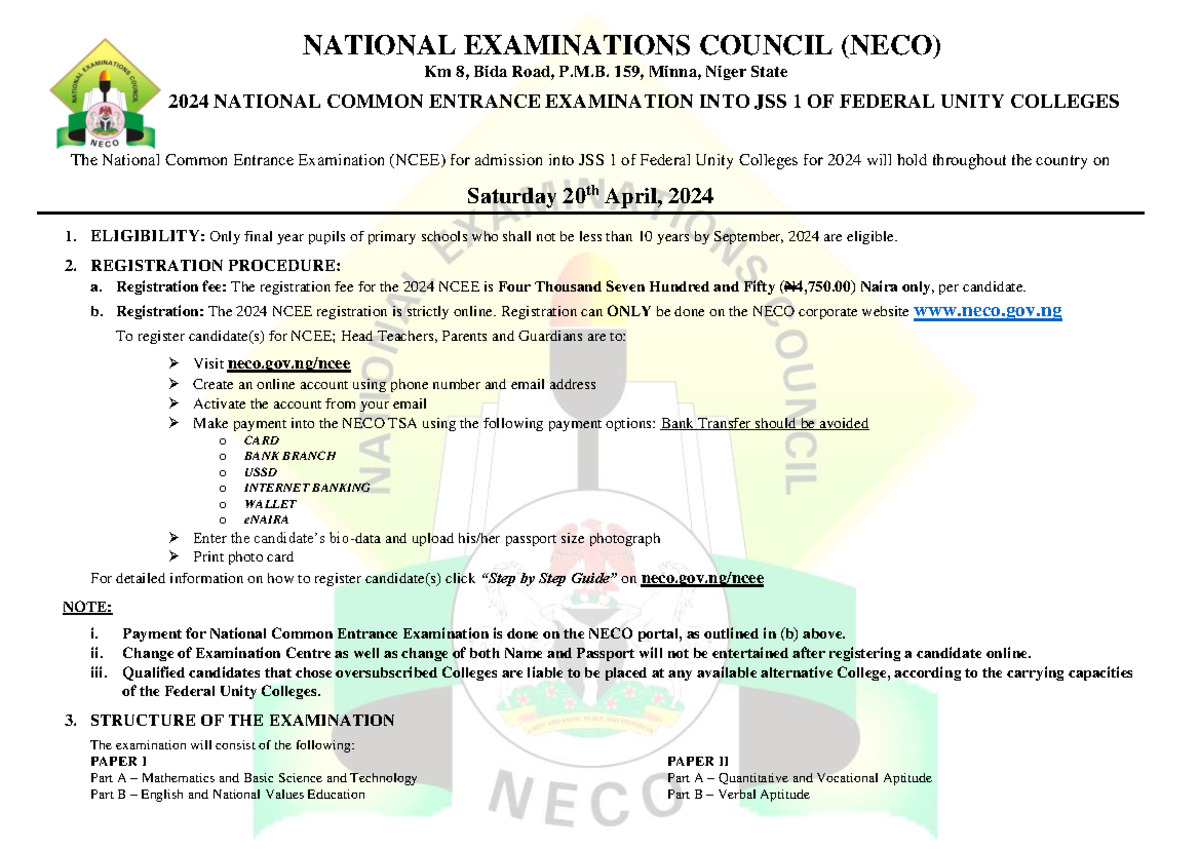 2024 NCEE Registration Guidelines - NATIONAL EXAMINATIONS COUNCIL (NECO ...