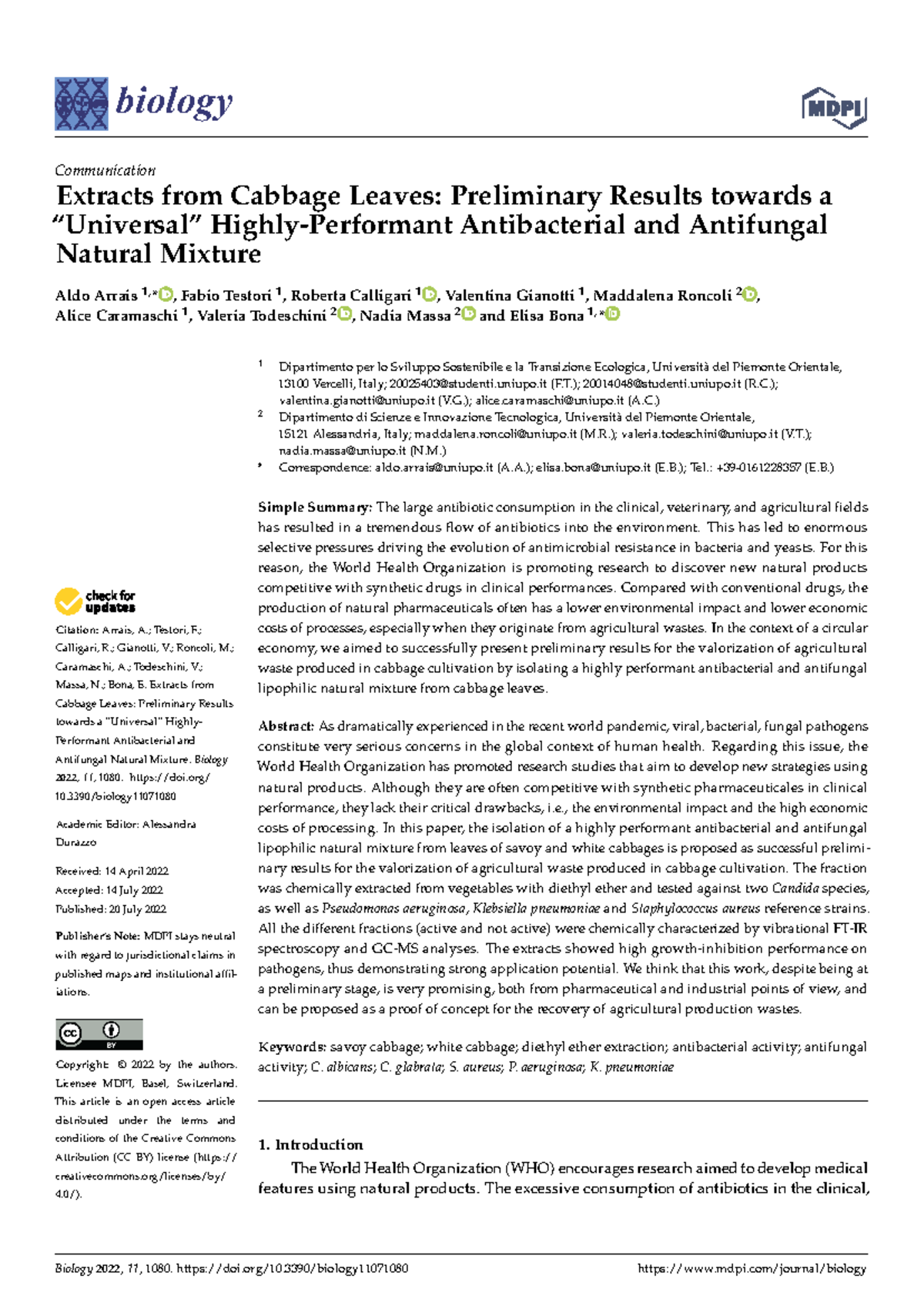 Biology Reviewer - Citation: Arrais, A.; Testori, F.; Calligari, R ...
