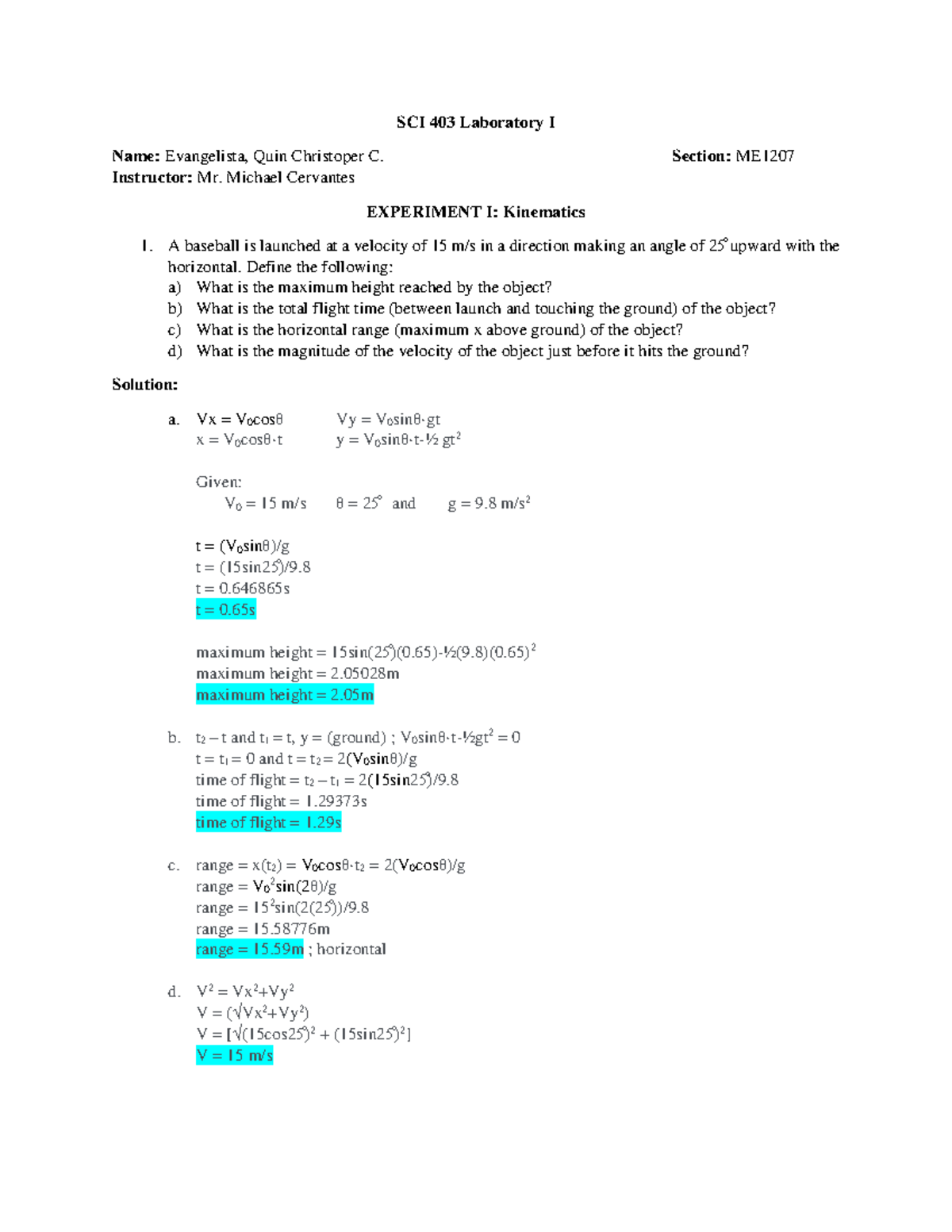 Evangelista Lab I - Laboratory Activity - SCI 403 Laboratory I Name ...