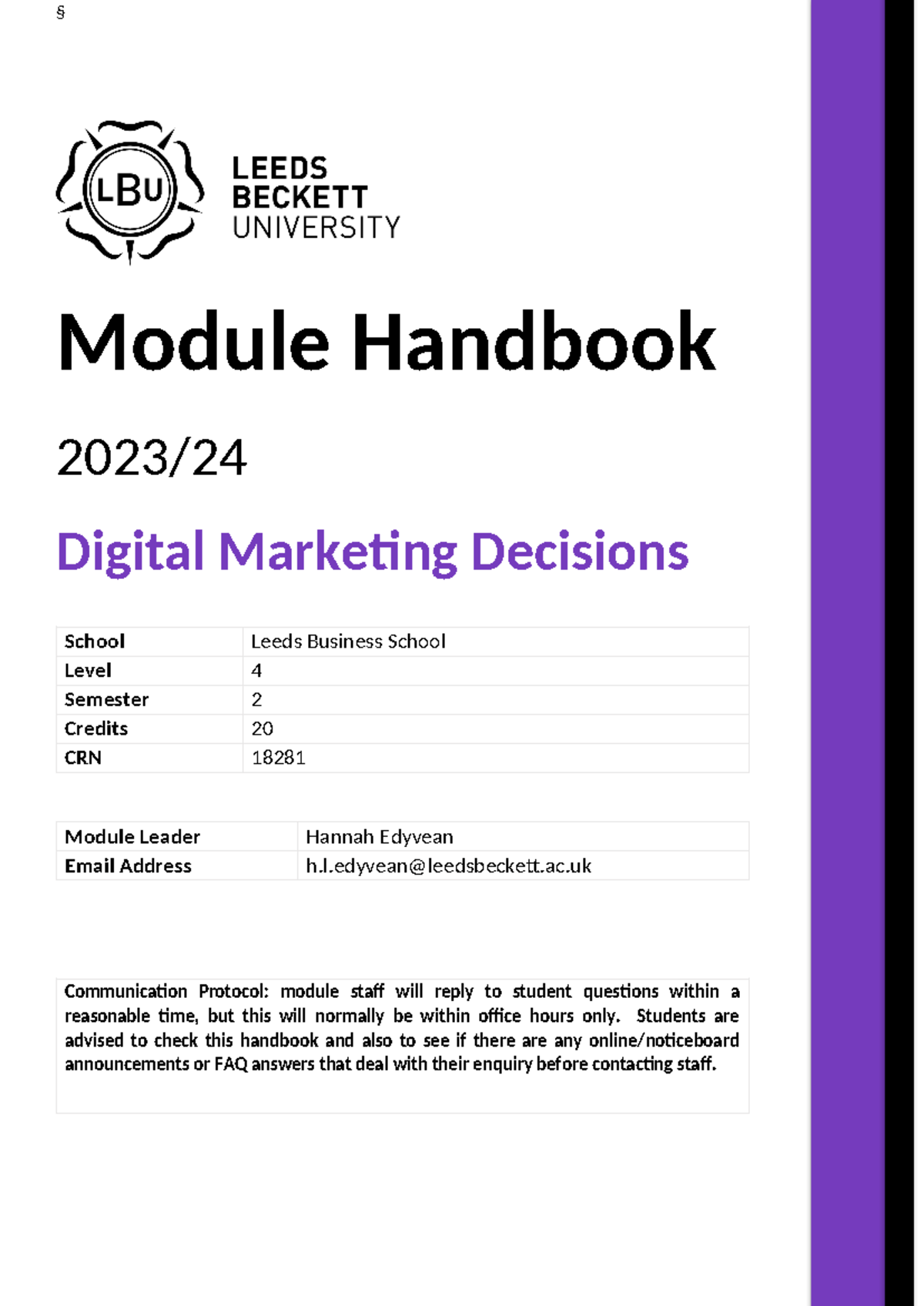 Digital Marketing Decisions 2023 24 Module Handbook - § Module Handbook 2023/ Digital Marketing ...