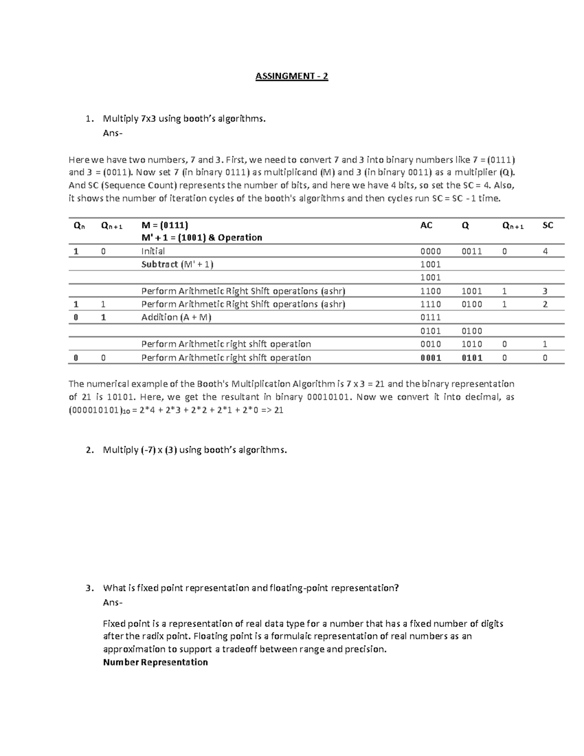 Mom assingment 3 - gyug - ASSINGMENT - 2 Multiply 7x3 using booth’s algorithms. Ans- Here we ...