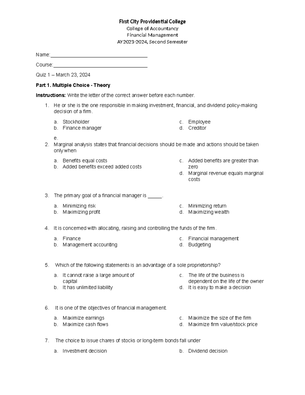 Quiz 1 - Financial Management - College of Accountancy Financial ...