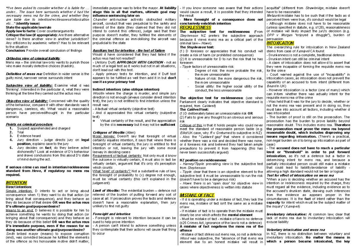 Mid-year test cheat sheet - been asked to consider whether d is liable ...