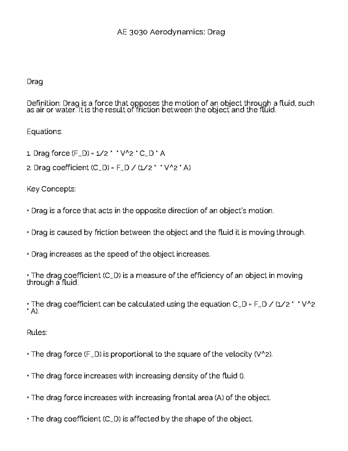Notes-AE 3030 Aerodynamics-DRAG - AE 3030 Aerodynamics: Drag Drag ...