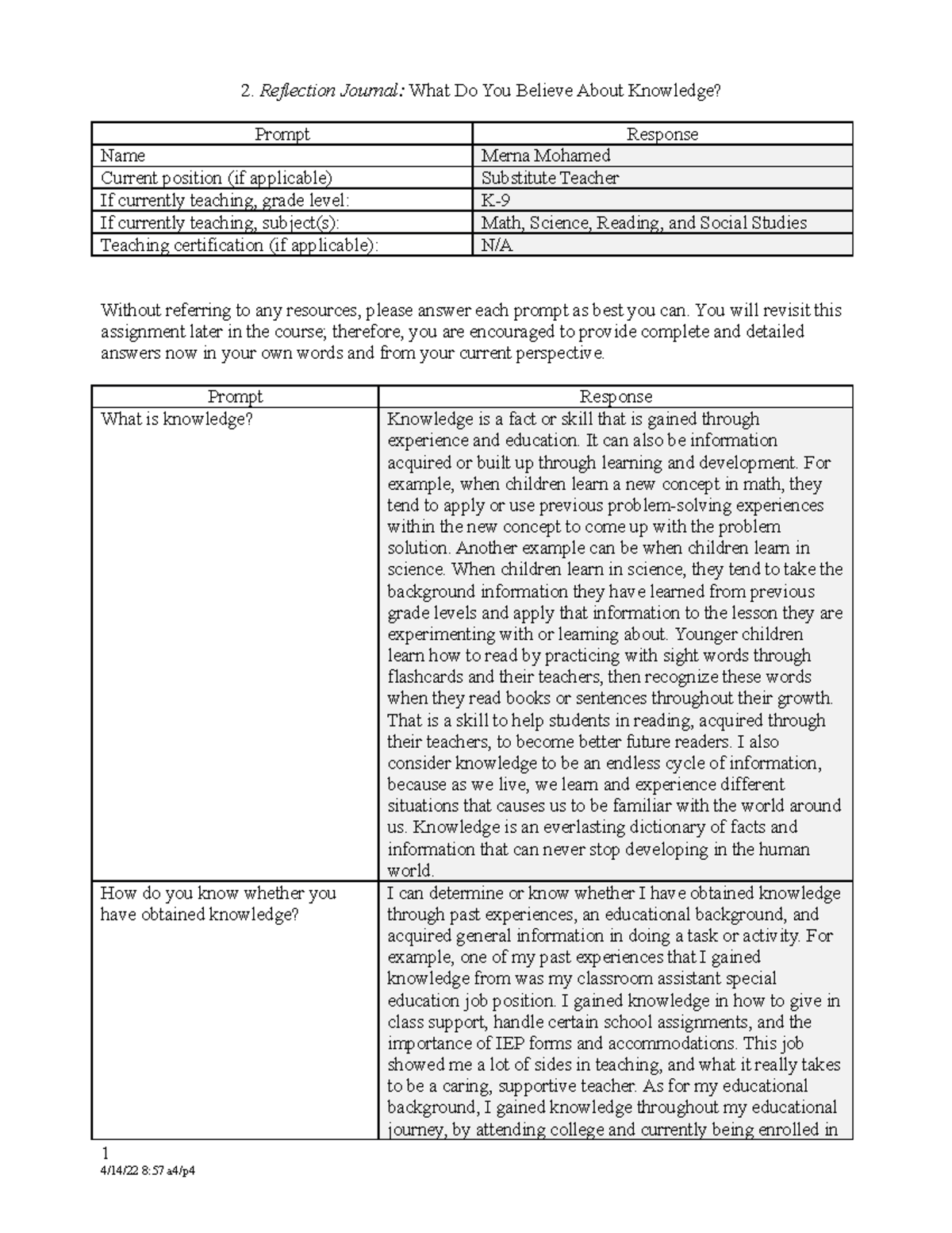 Reflection Journal What Do you Believe About Knowledge - EDUC 5394 - UT ...