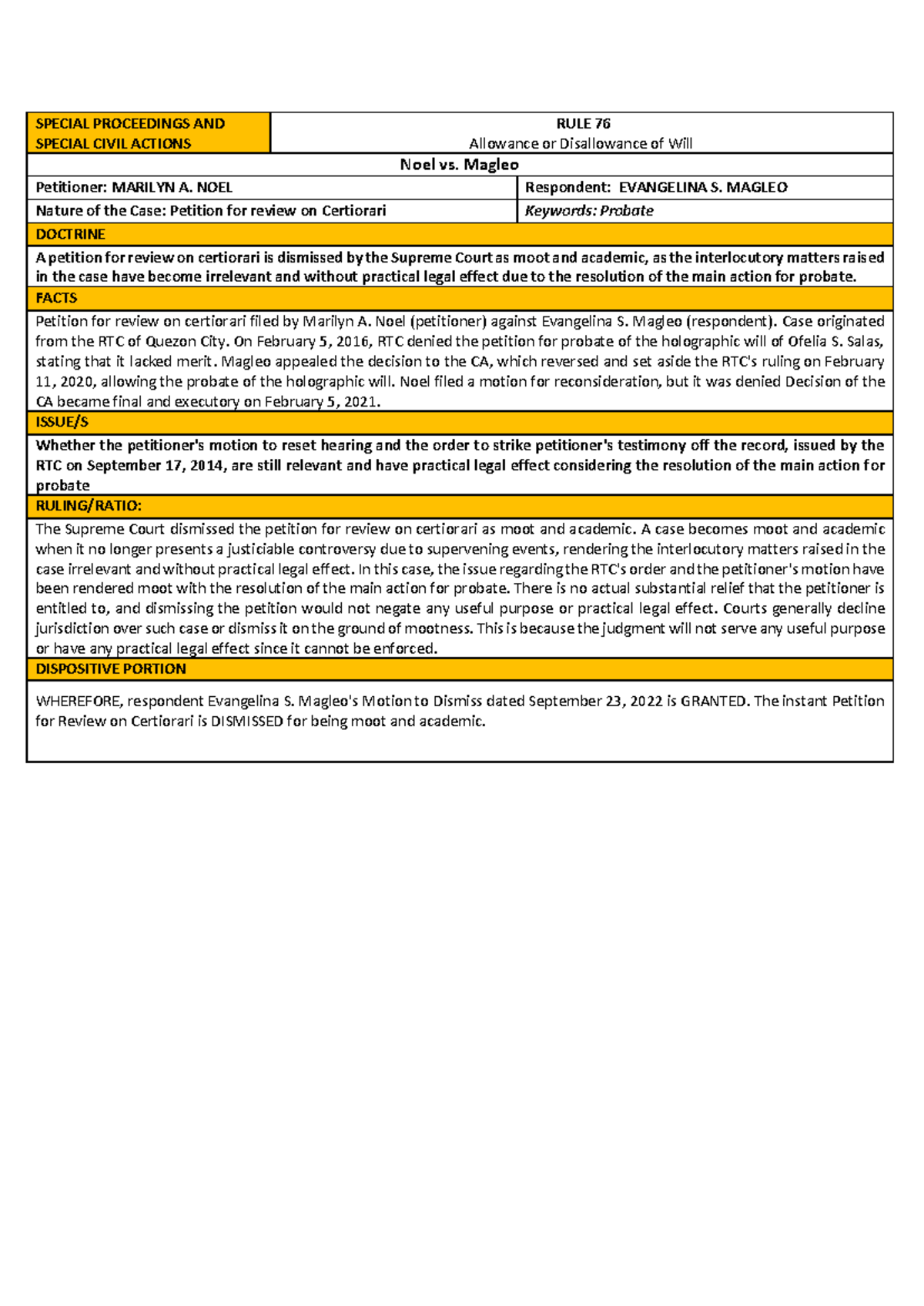Noel vs. Magleo - CASE DIGEST - SPECIAL PROCEEDINGS AND SPECIAL CIVIL ...