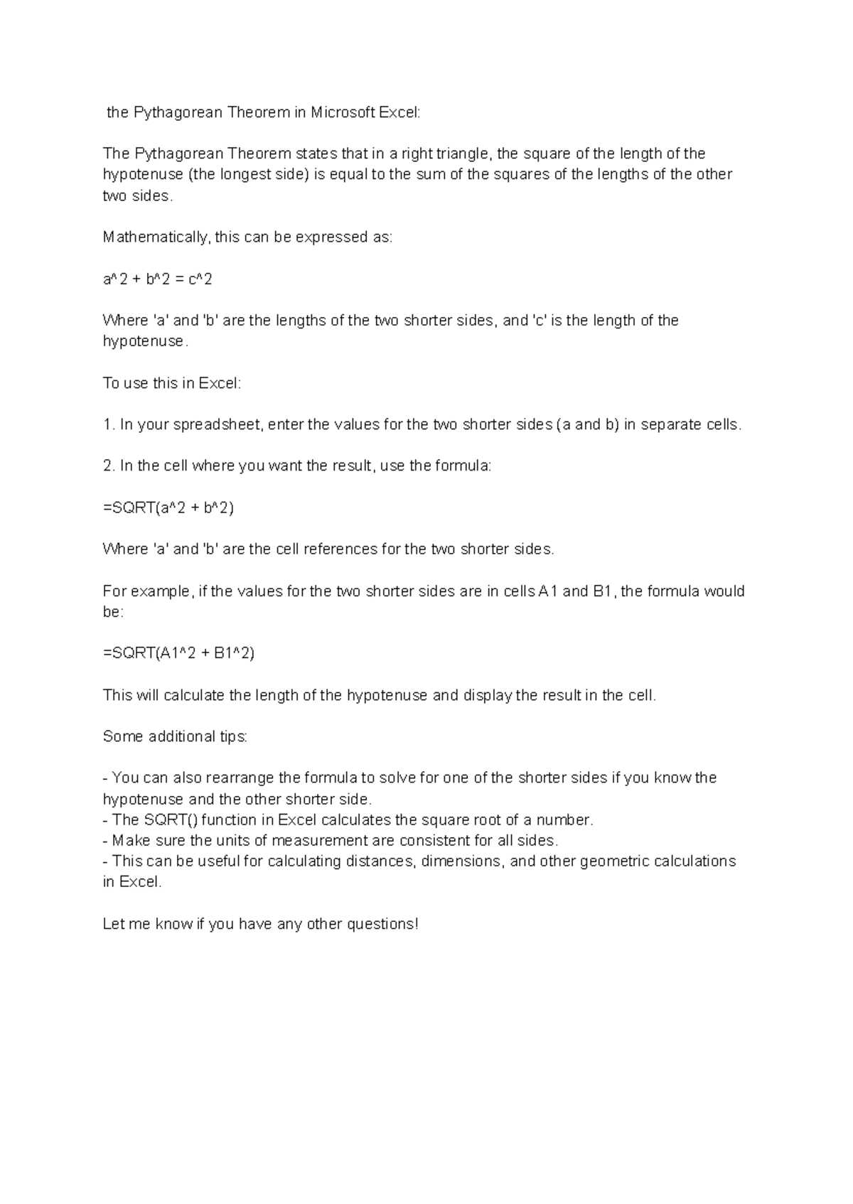 The Pythagorean Theorem in Microsoft Excel - Mathematically, this can ...