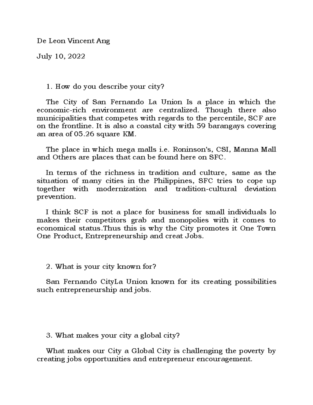 How Do you Describe your city - De Leon Vincent Ang July 10, 2022 How ...