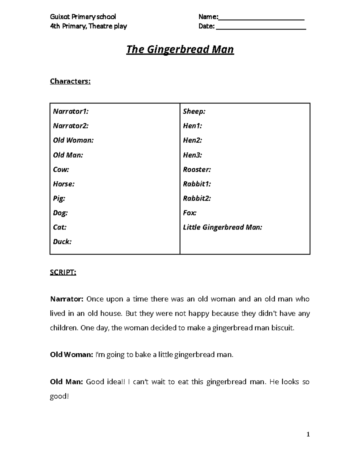 The gingerbread man script 2017 - 4 th Primary, Theatre play Date