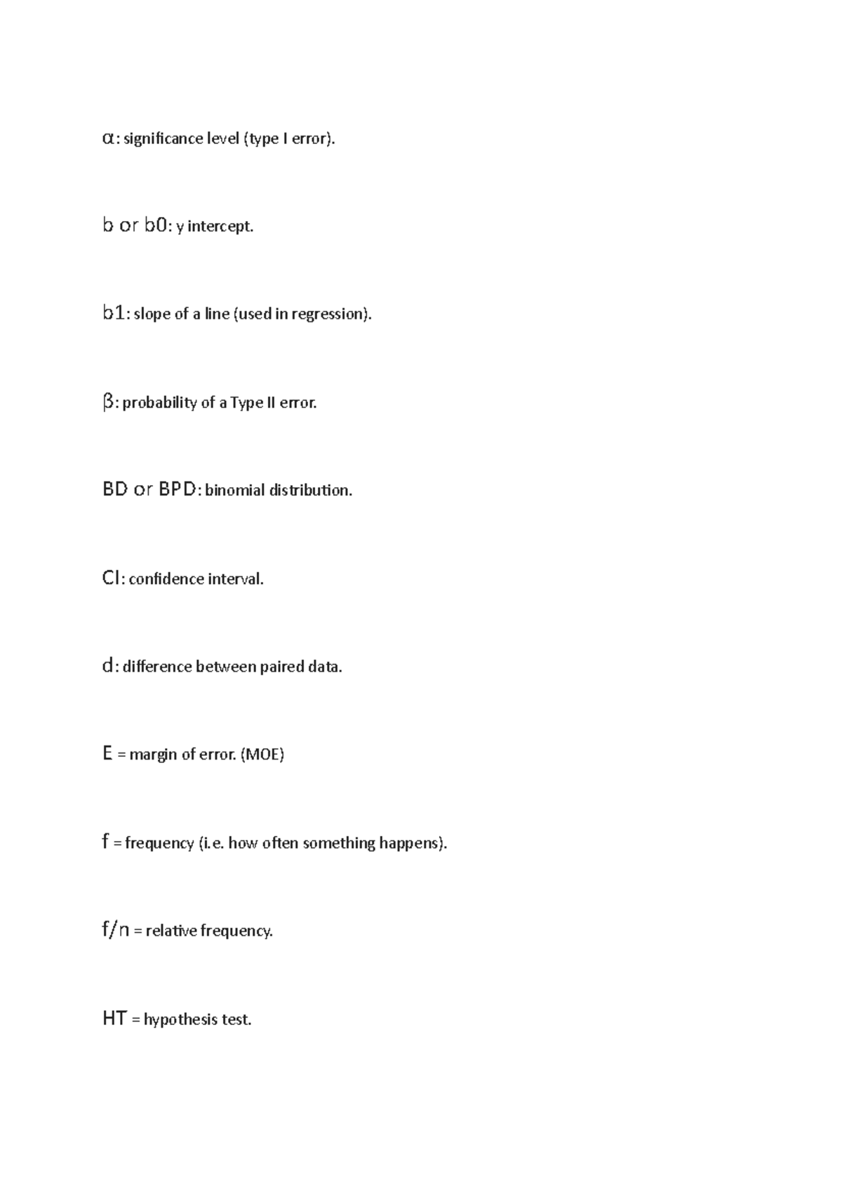 STAT101 - Symbols Sheet - α: significance level (type I error). b or b0 ...
