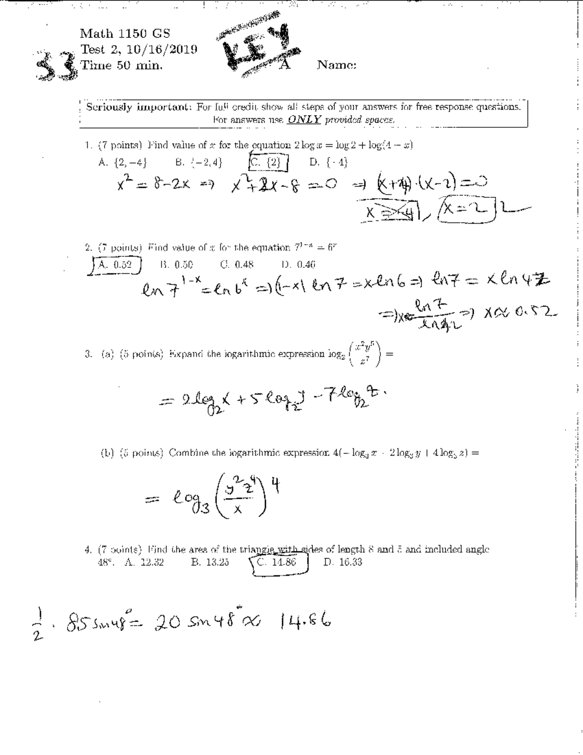 Math 1150 Solution of Test 2 A:B Fall19 - MATH 1150 - Studocu