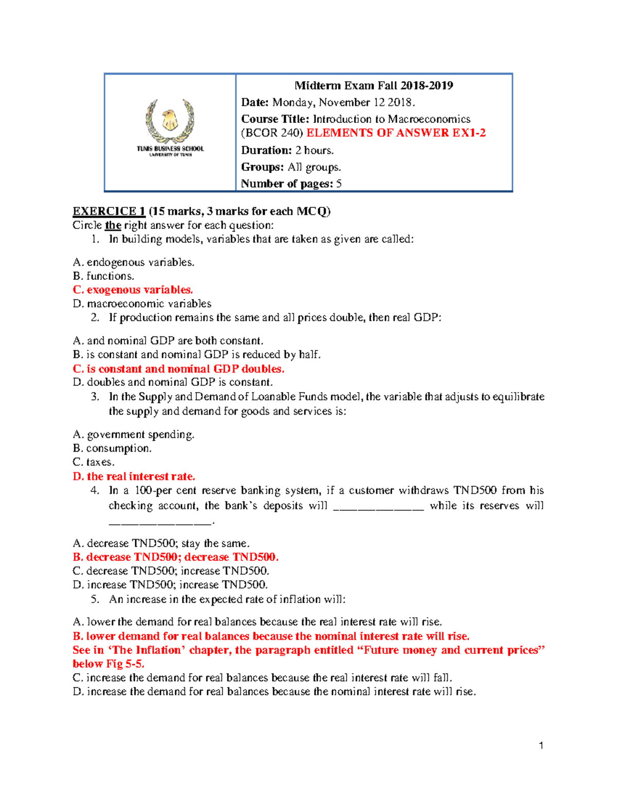 Midterm Exam Macro 2018-2019 Elements of Answer EX1-2 - Midterm Exam Fall 2018- Date: Monday ...