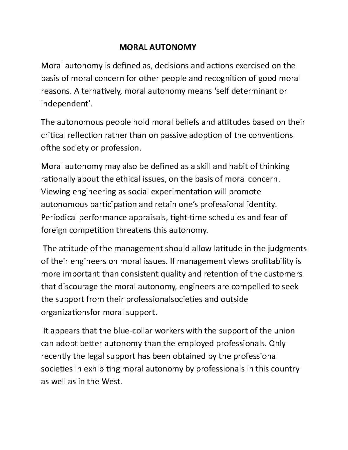 Moral Autonomy NOTES - MORAL AUTONOMY Moral autonomy is defined as ...