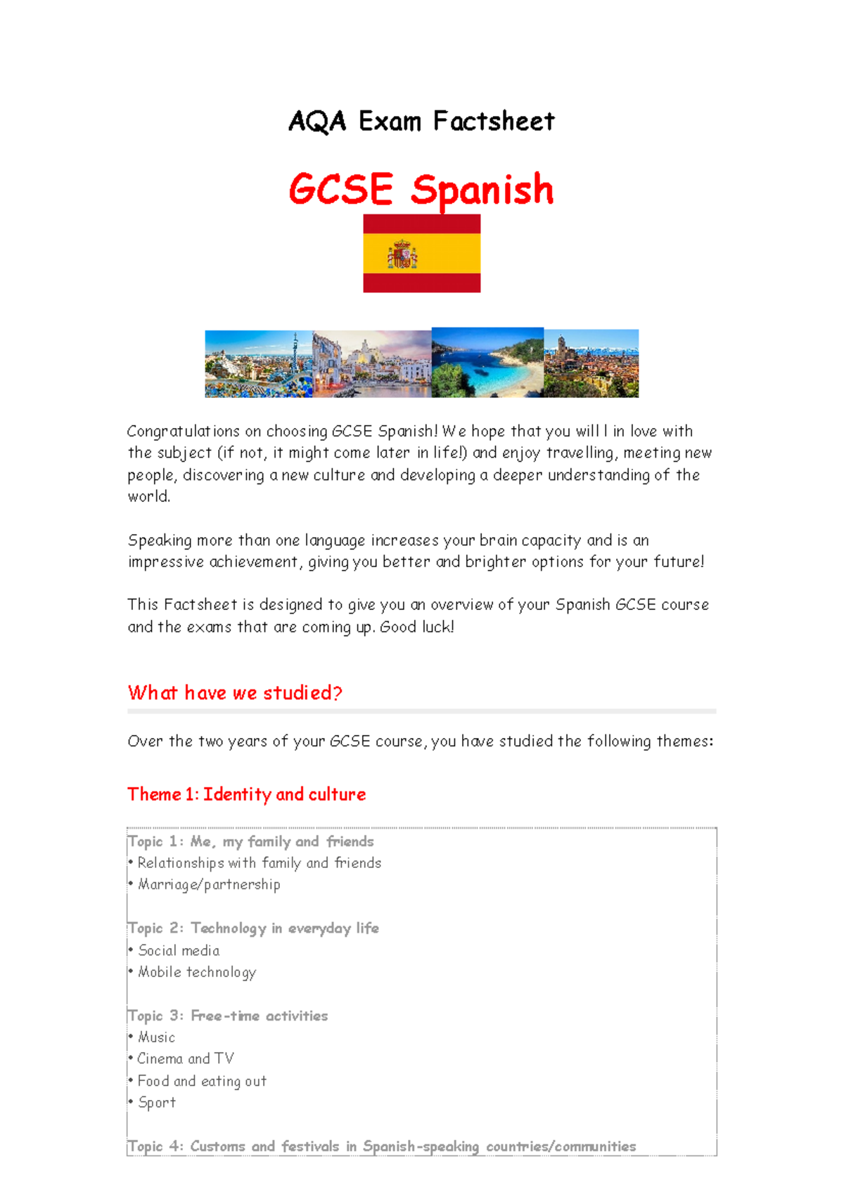 AQA GCSE Spanish explained - AQA Exam Factsheet GCSE Spanish ...
