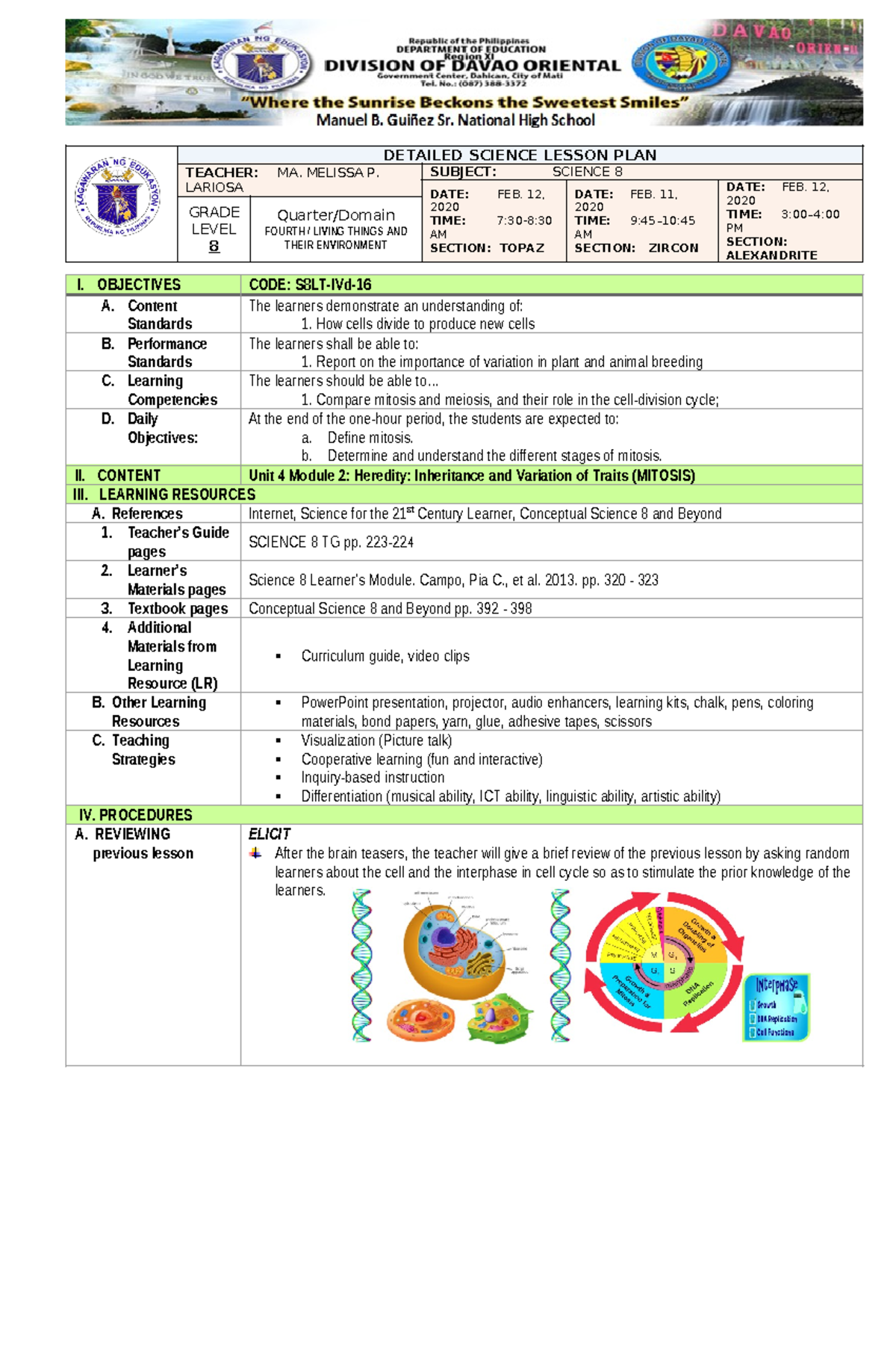 stages of mitosis - DETAILED SCIENCE LESSON PLAN TEACHER: MA. MELISSA P ...