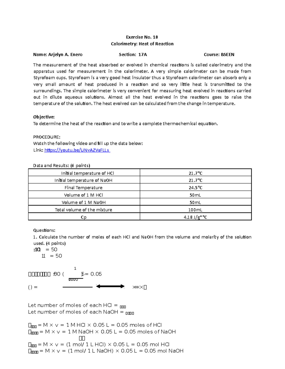Calorimetry Problems - Exercise No. 10 Calorimetry: Heat of Reaction ...