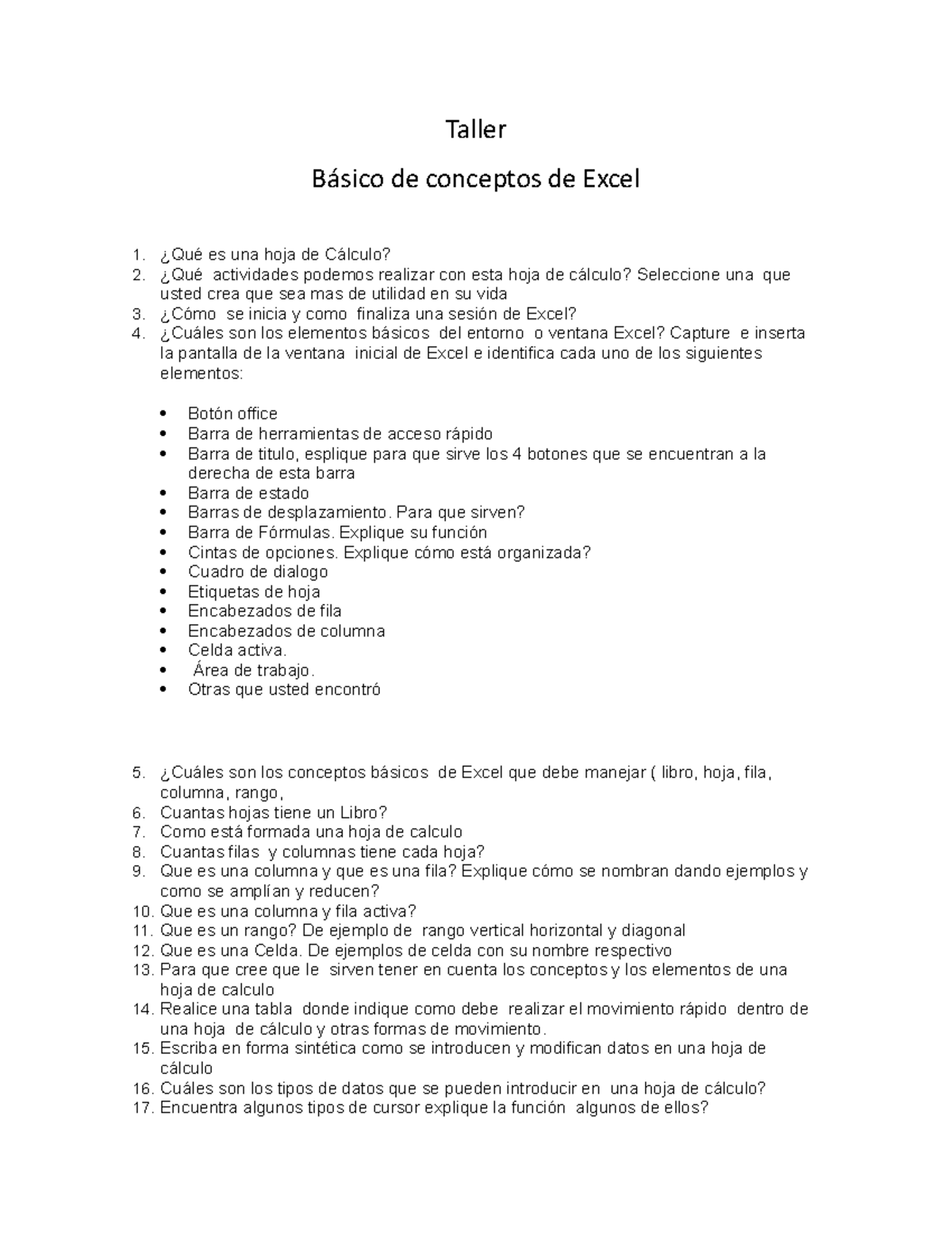 Taller de conceptos basicos Excel - Taller Básico de conceptos de Excel ¿Qué es una hoja de ...