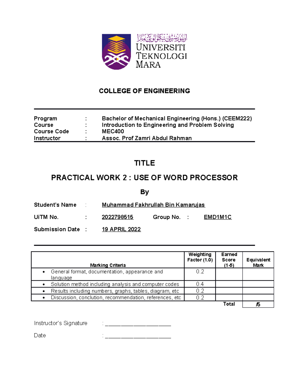 College OF Engineering - COLLEGE OF ENGINEERING Program : Bachelor of ...