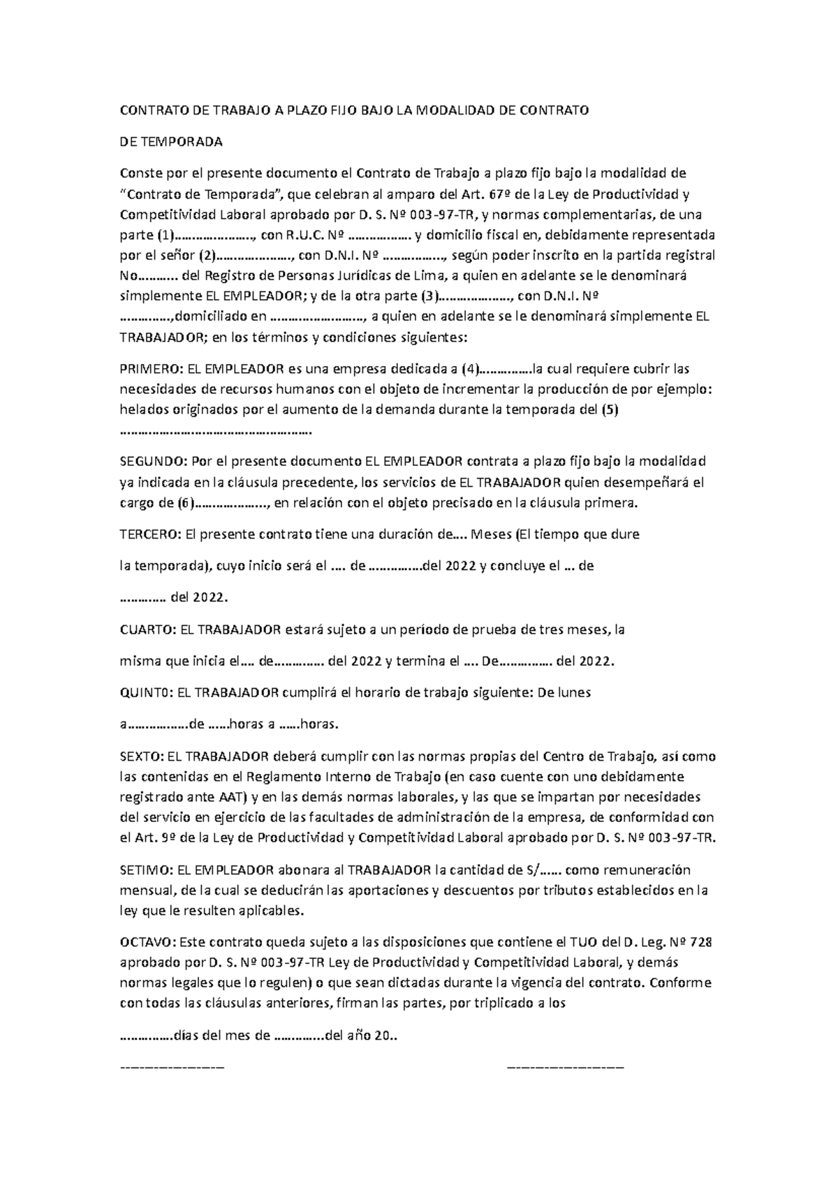 Contrato DE Trabajo A Plazo FIJO BAJO LA Modalidad DE Contrato 2 - CONTRATO DE TRABAJO A PLAZO ...