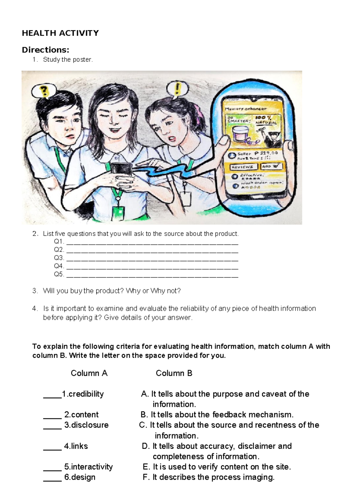 Health Activity - HEALTH ACTIVITY Directions: 1. Study the poster. 2 ...