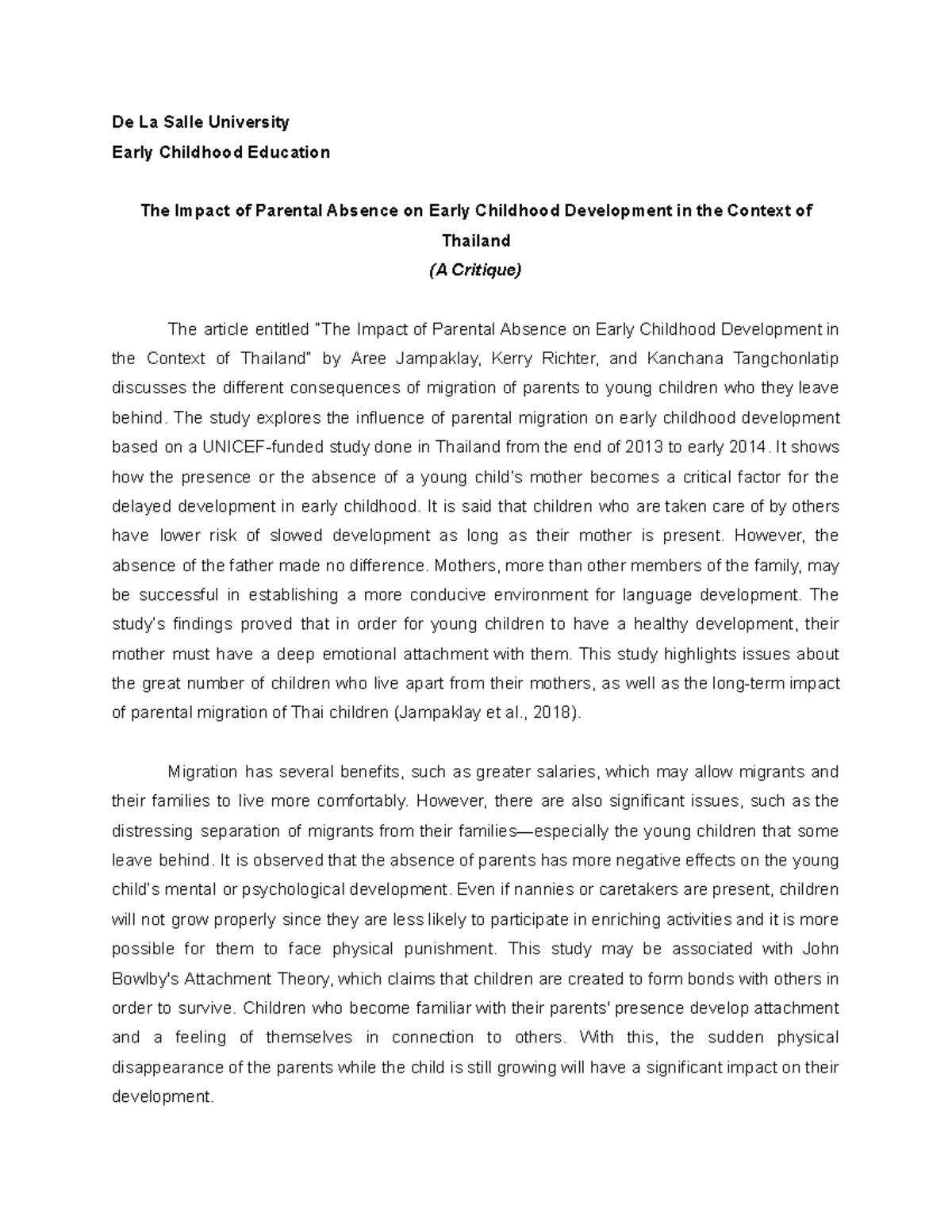 Journal Critique on Early Childhood Development - De La Salle ...