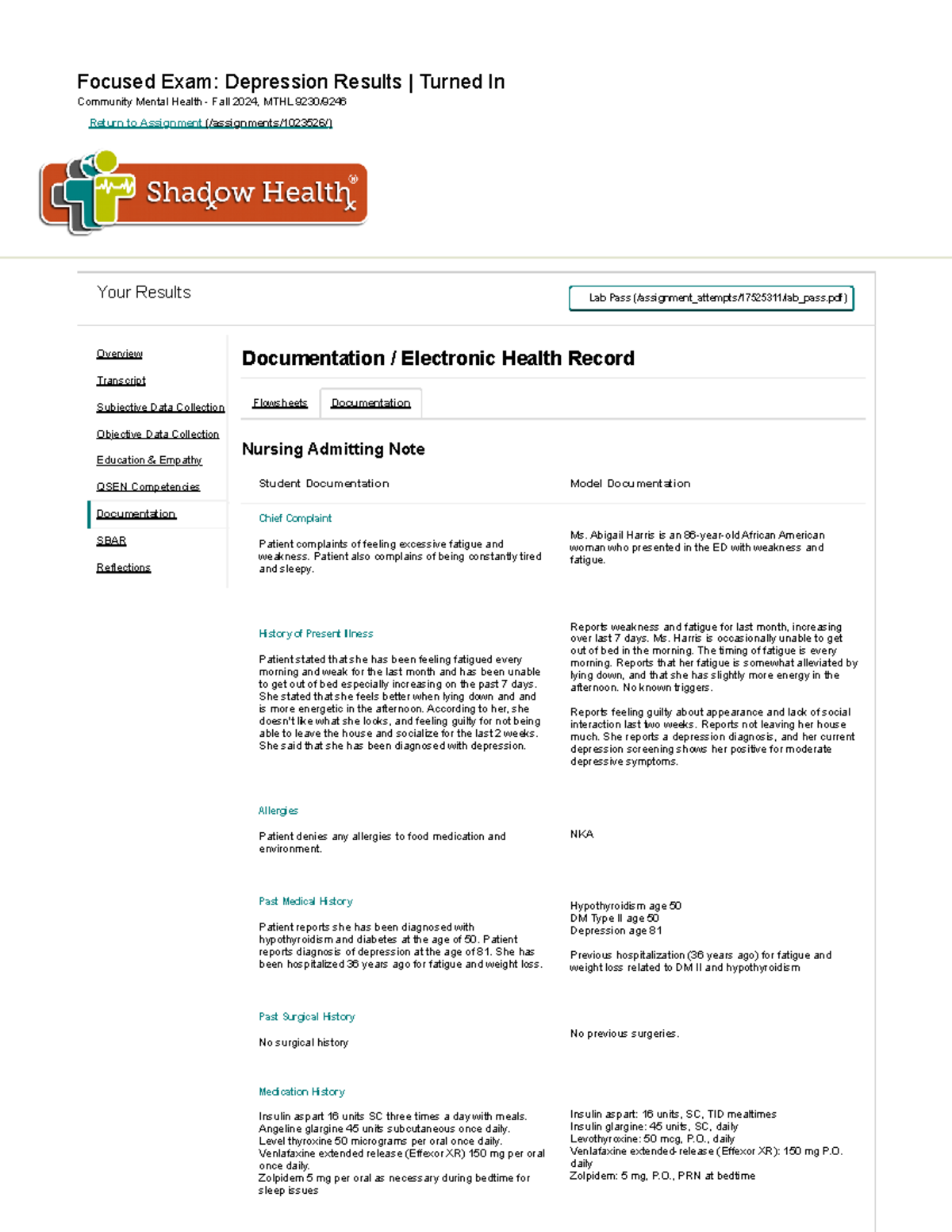 Shadow Health Depression Abigail Harris Documentation Electronic Health ...
