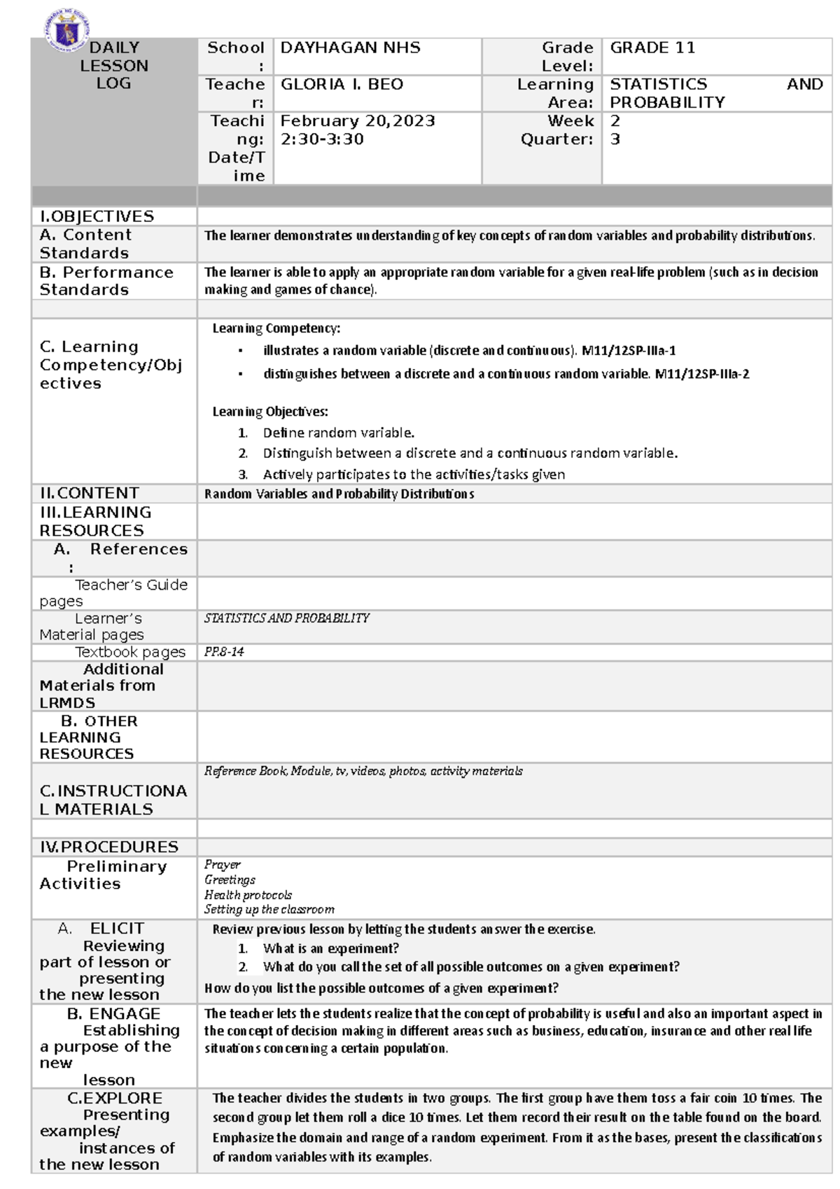 Daily-DLL - bjbbn - DAILY LESSON LOG School : DAYHAGAN NHS Grade Level ...