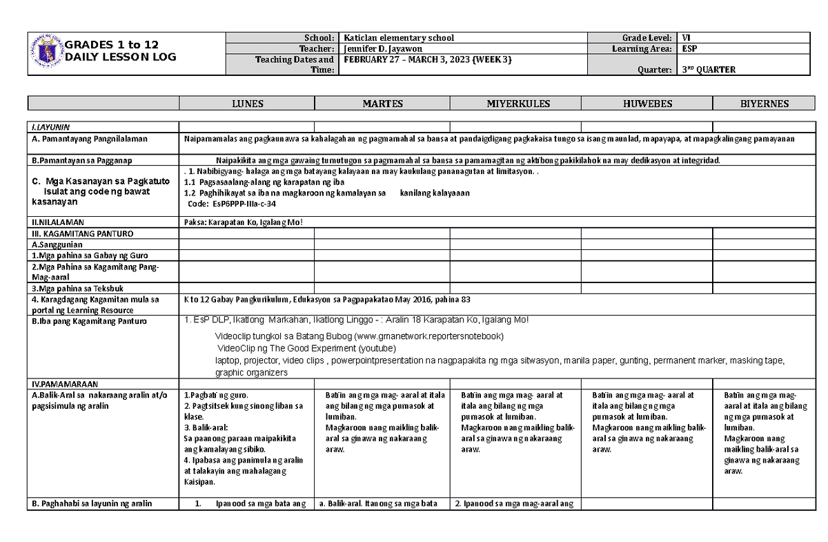 DLL ESP 6 Q3 W3 - Goodluck - GRADES 1 to 12 DAILY LESSON LOG School ...