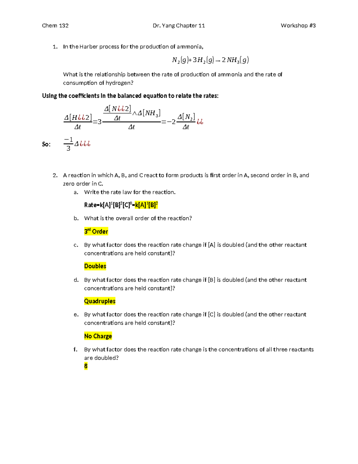 Workshop 3 132 Ch11 Key - ####### 1. In the Harber process for the ...