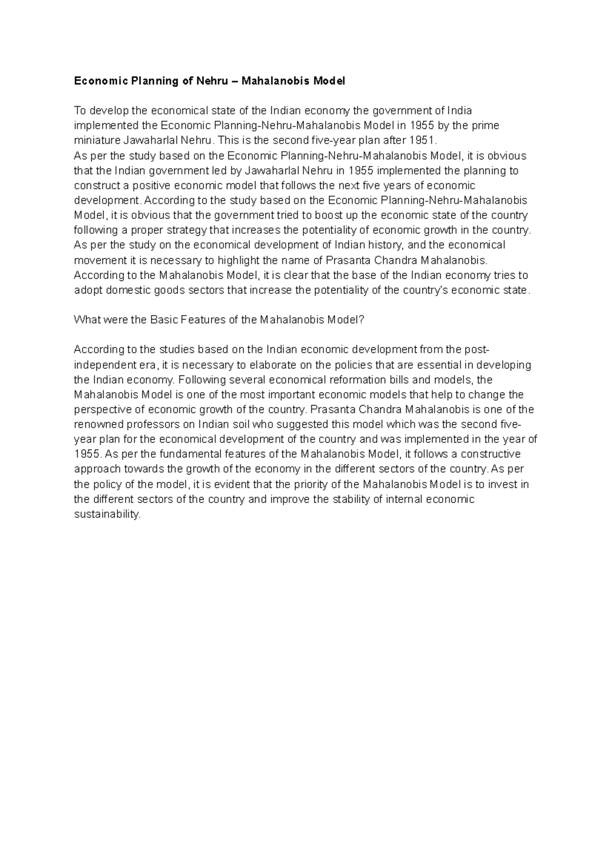 Economic Planning of Nehru – Mahalanobis Model - This is the second ...