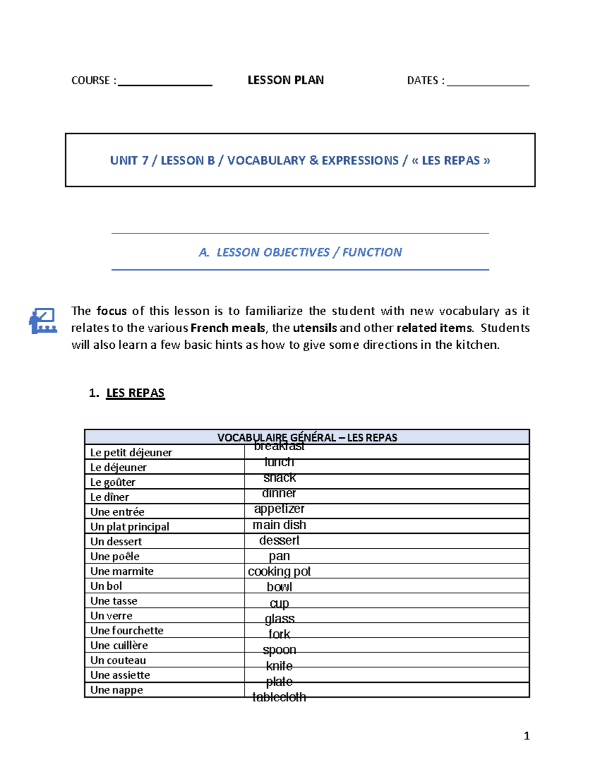 UNIT 7 Lesson B Vocabulary Expressions LES Repas - COURSE : LESSON PLAN ...