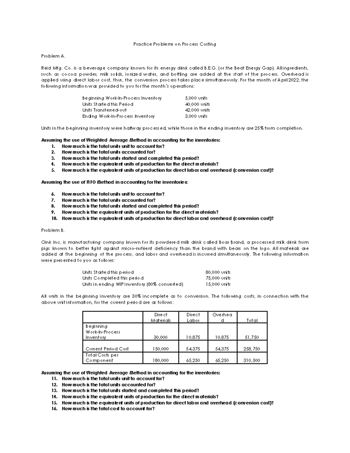 Cost Accounting and Control - Process Costing System exercises ...