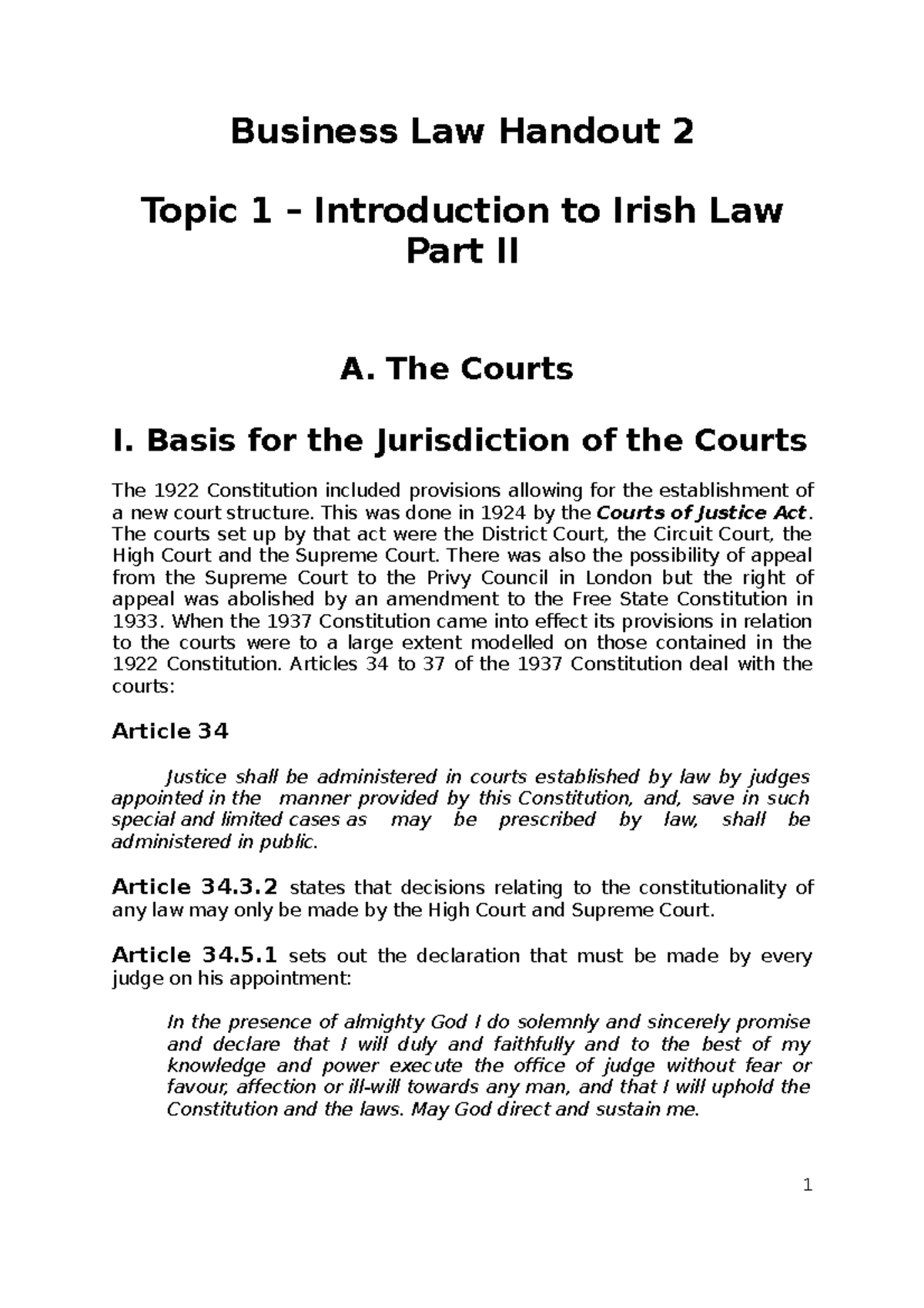 Business Law Handout 2 - Courts & Precedent - Business Law Handout 2 ...