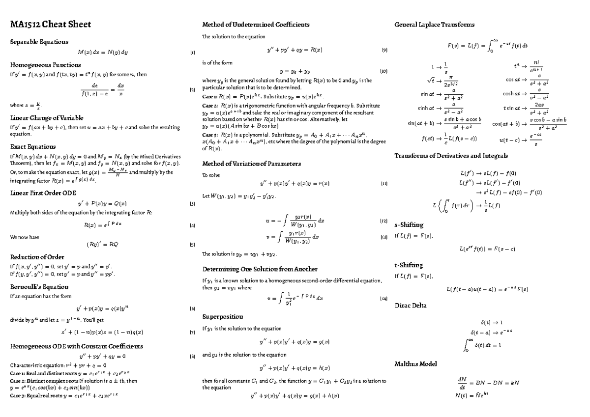 MA1512 - Formula sheet I found online - MA1512 Cheat Sheet Separable Equations M (x) dx = N (y ...