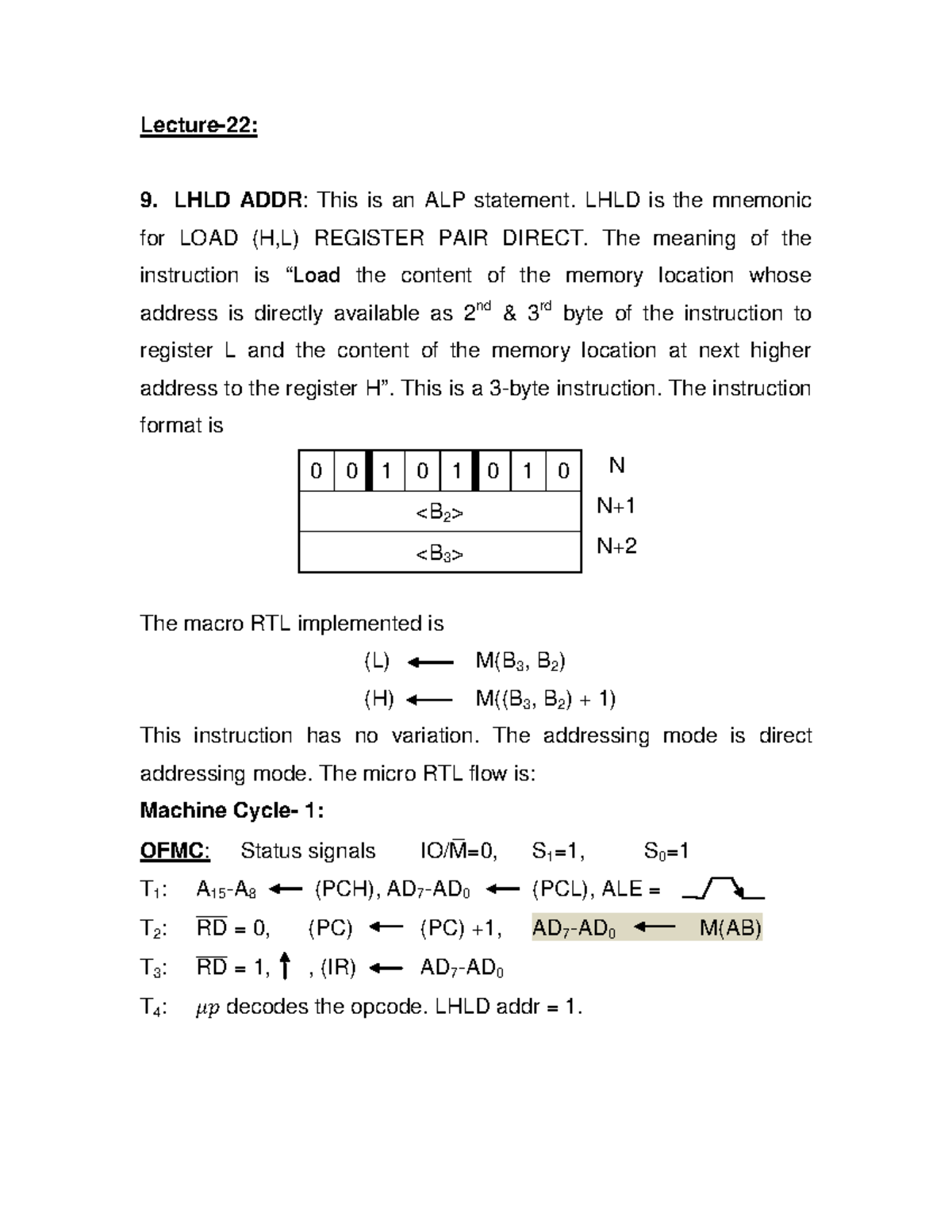 Computer organization and microprocessor architecture - Lecture-22: LHLD ADDR: This is an ALP ...