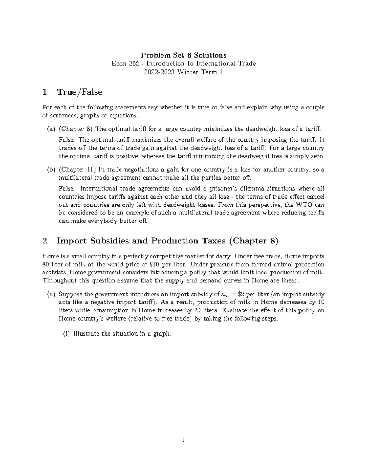 Problem Set 6 F22 - Sol-1 - Problem Set 6 Solutions Econ 355 - Introduction to International ...
